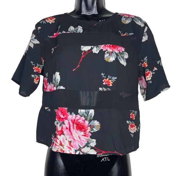 Express | Tops | Express Black Floral Sheer Stripped Boxy Shirt Size Xs ...